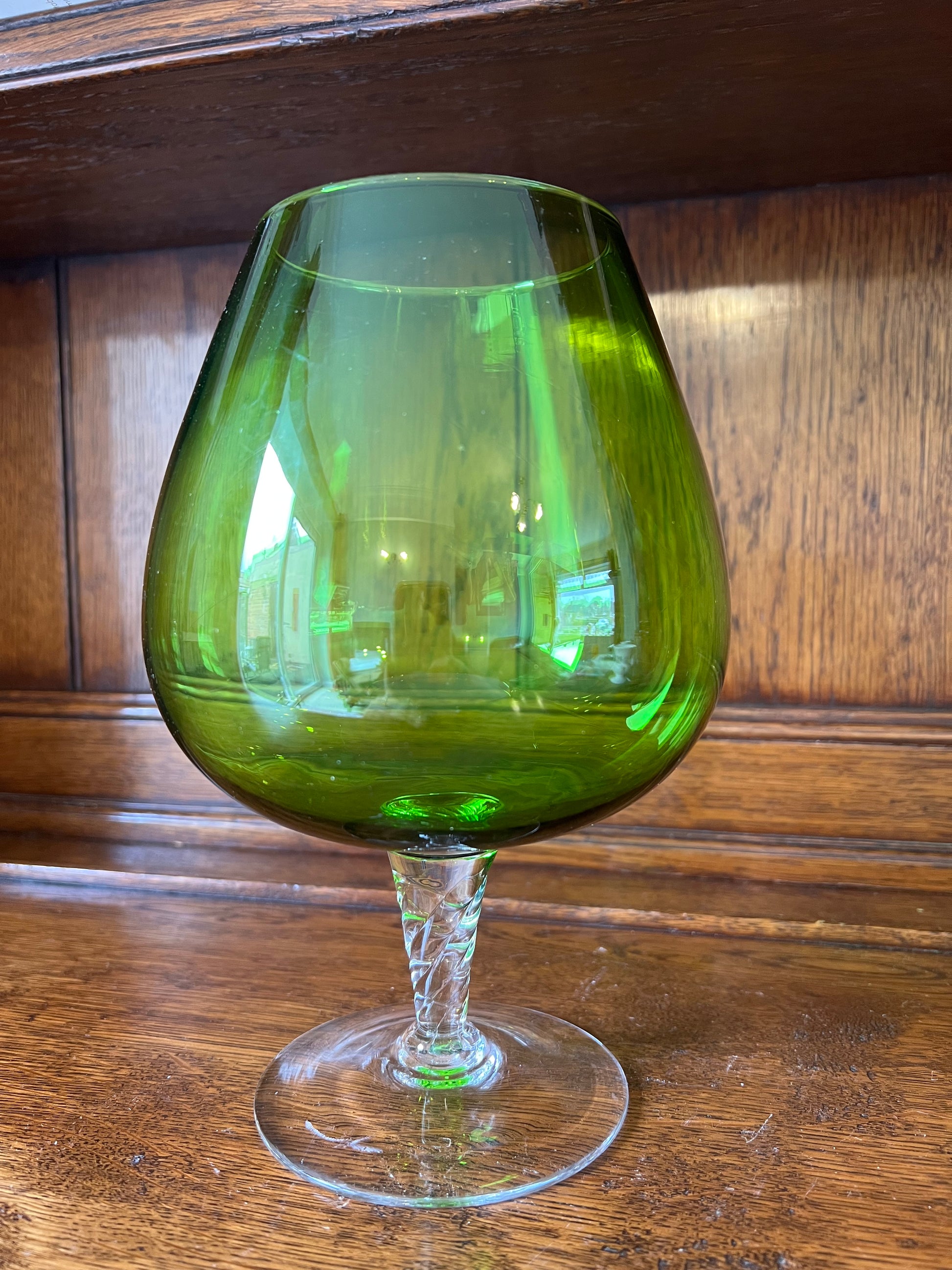 Vintage Green And Clear Stem Oversized Brandy Balloon Glass Vase Innovauai